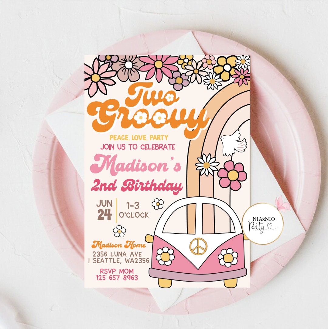 Editable Groovy Birthday Invite Bright Pink Peach Groovy Birthday Daisy ...