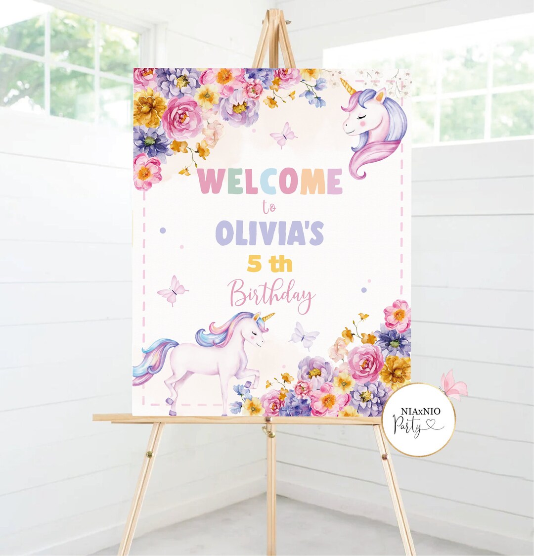 Editable Unicorn Welcome Sign Pastel Unicorn Birthday Door Sign Rainbow ...