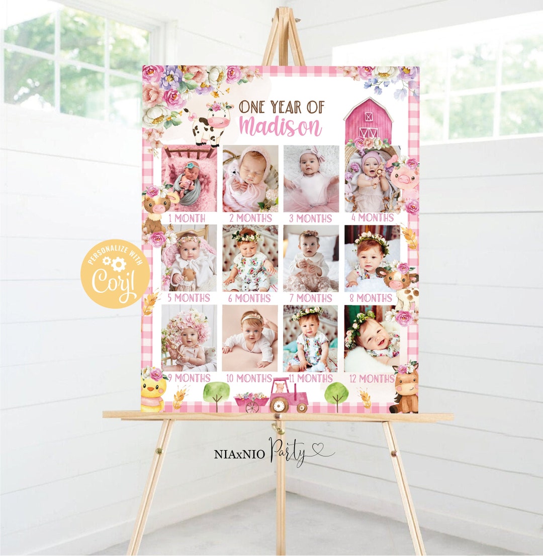 Editable First Year Baby Girl Farm, Photos Poster, Milestone First Year ...