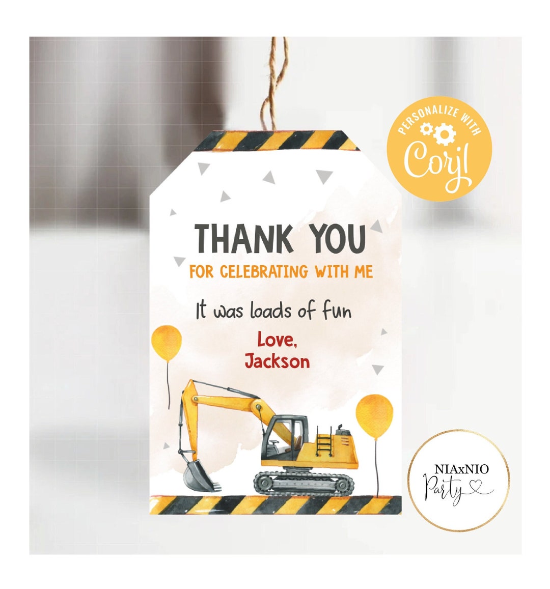 Editable Construction Square Favor Tags Dump Truck Digger Excavator ...