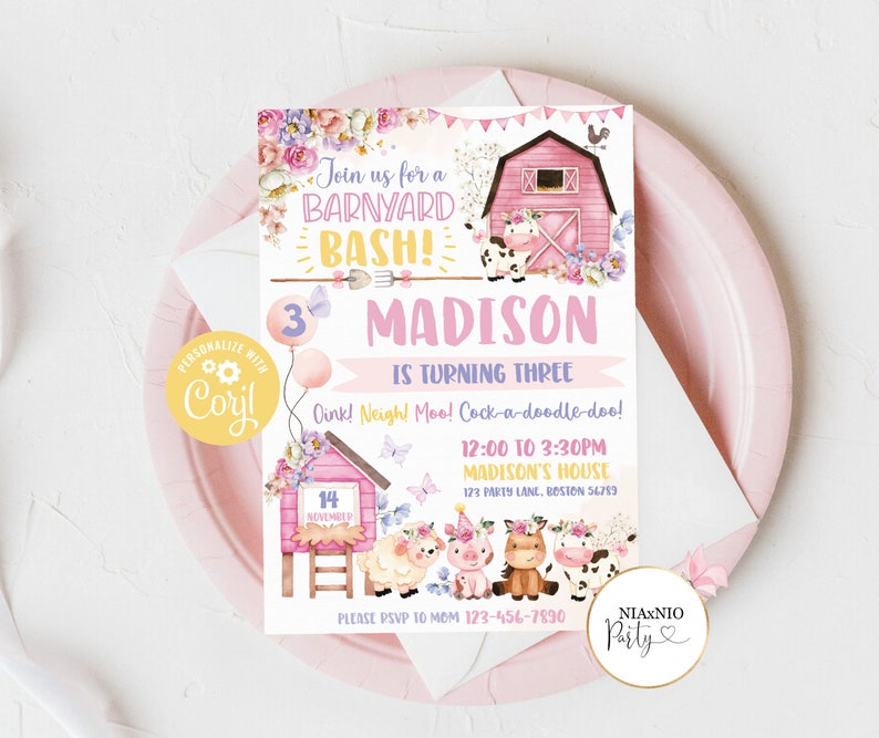 EDITABLE PINK Girl Farm Birthday Invitation Barn Animals - Etsy