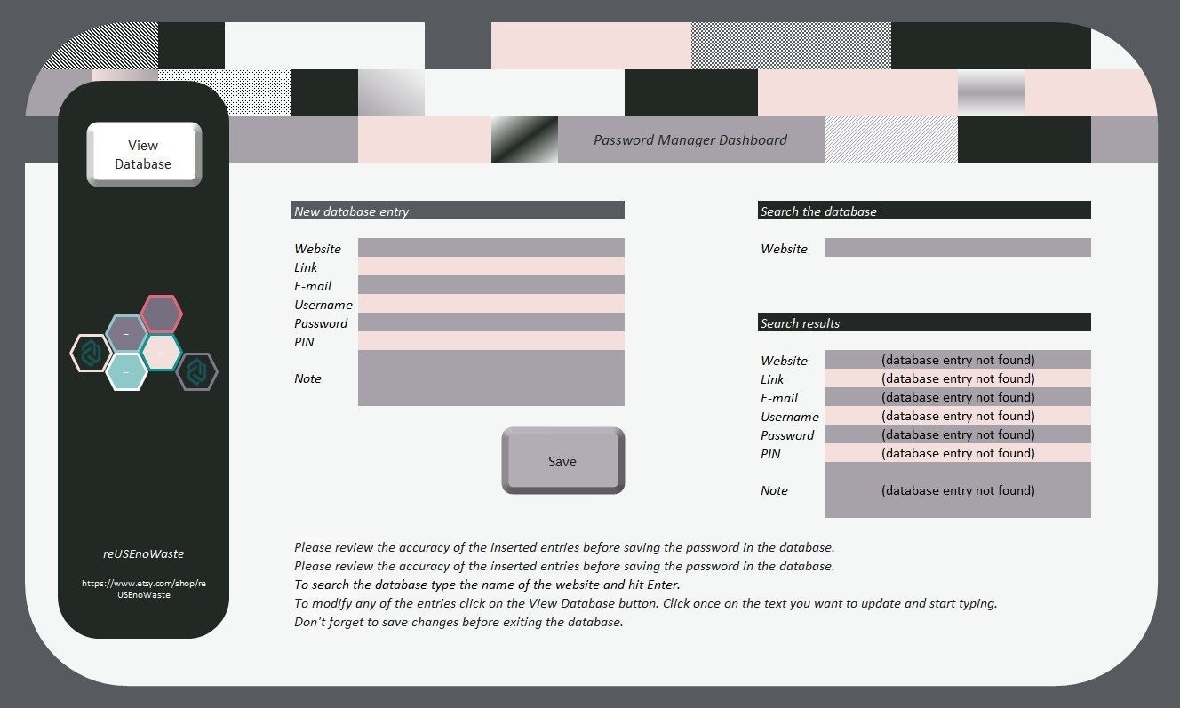 Excel Password Manager Dashboard With Searchable Database / Instant ...