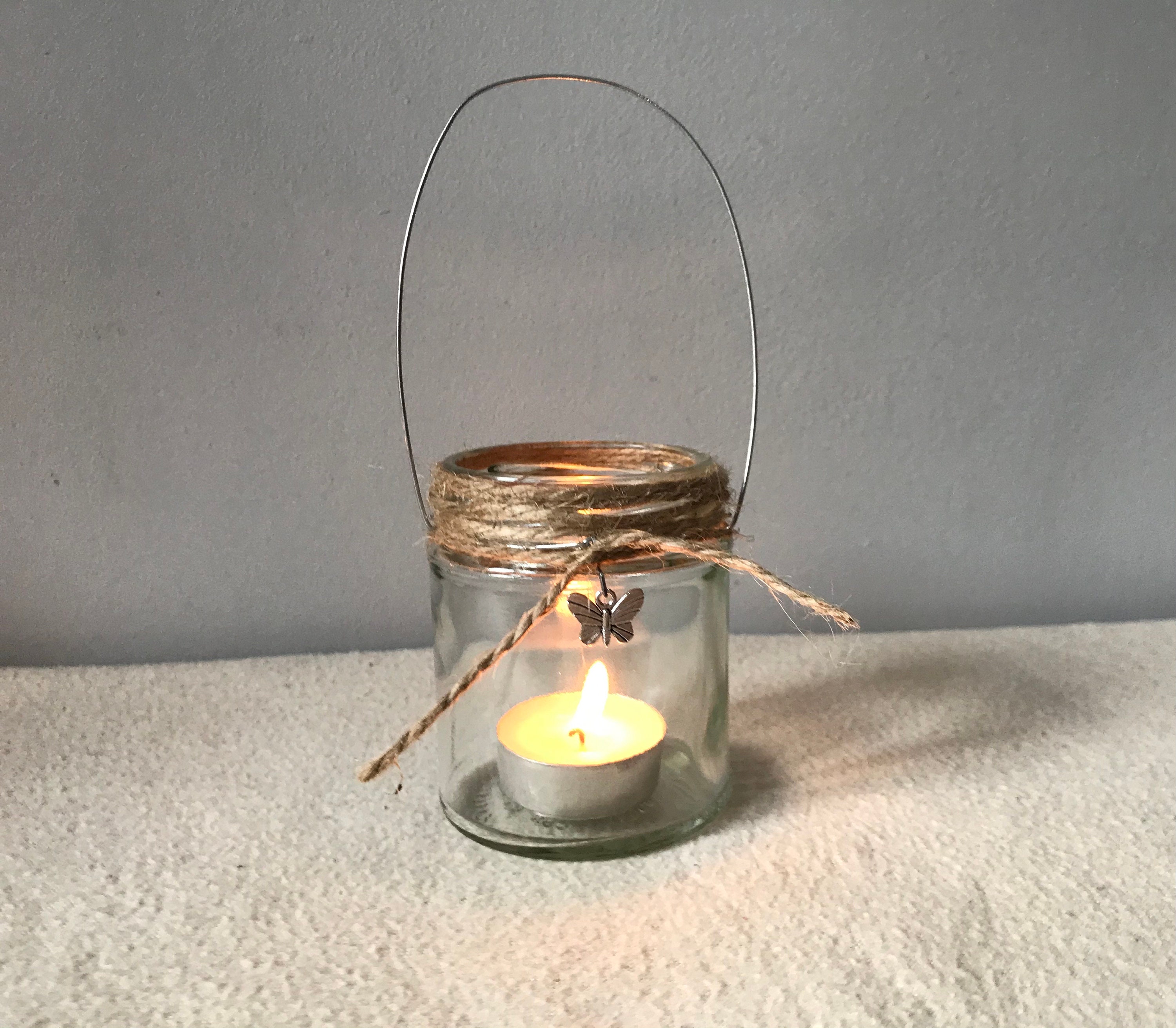 Hanging Glass Jar With Twine Tea Light Holder Lanterns - Etsy UK