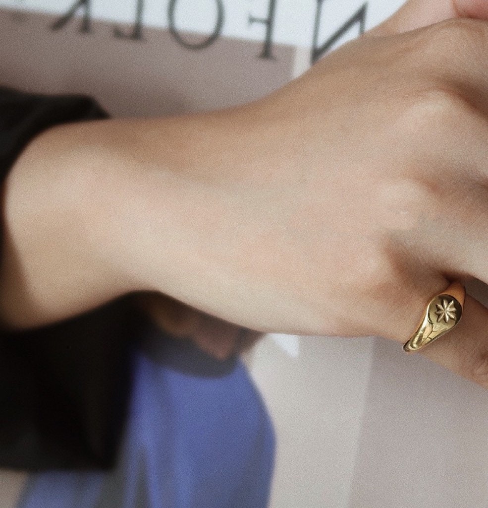 Starburst Signet Ring Signet Rings gold Signet Ringnorth - Etsy