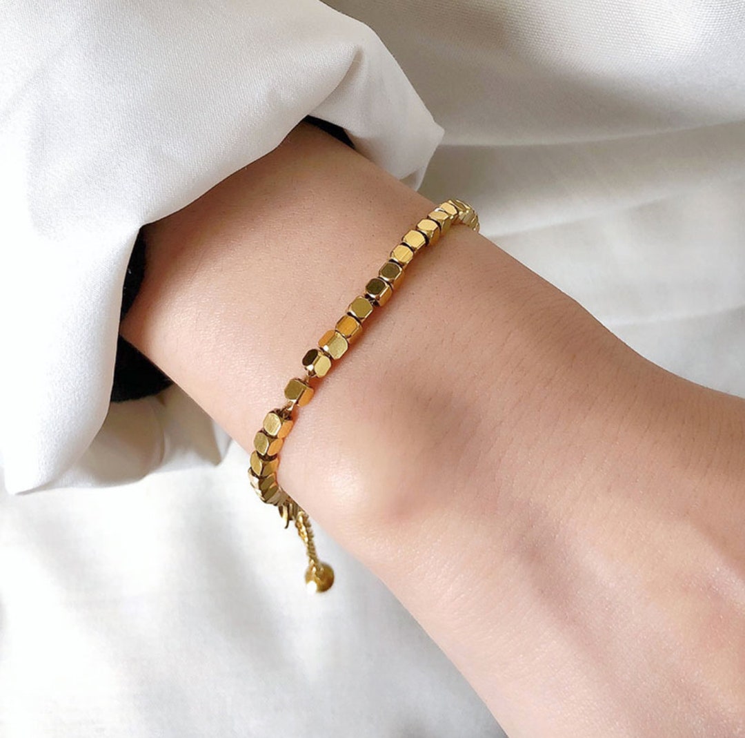 18K Gold Minimalist Chain Bracelet, Beaded Gold Bracelet,thin Gold ...