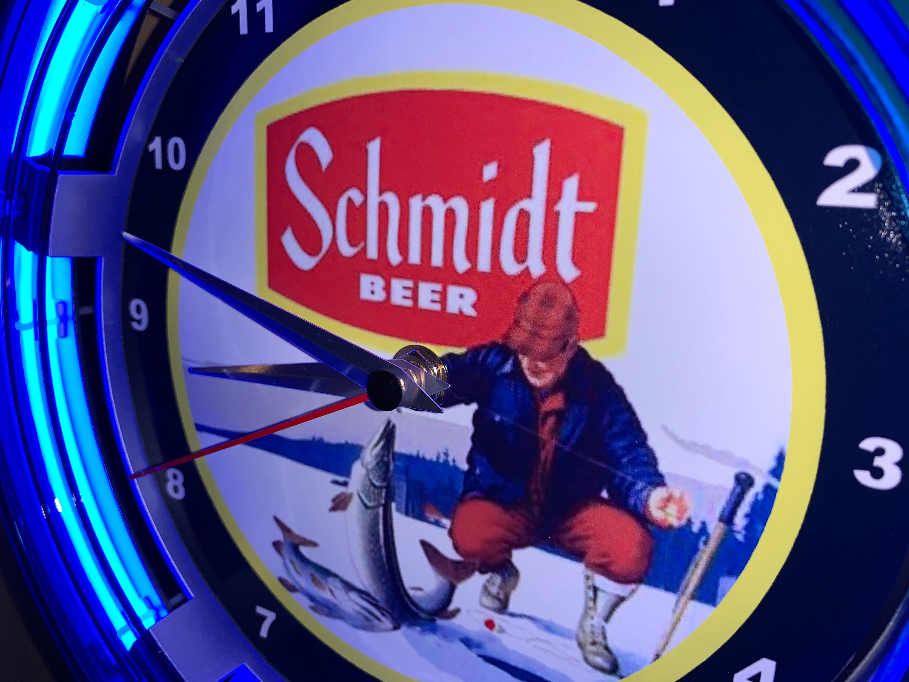 Schmidt Ice Fishing Beer Bar Advertising Man Cave Blue Neon Wall Clock ...