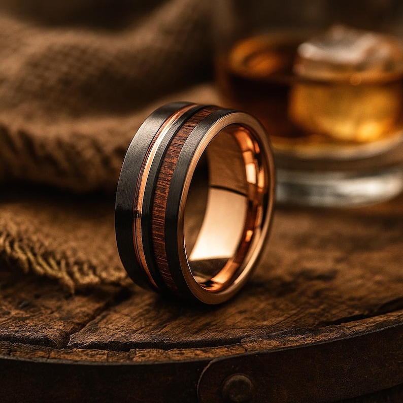 Engagement Ring. Whiskey Barrel Ring, Wood Inlay Ring, Mens Wedding ...