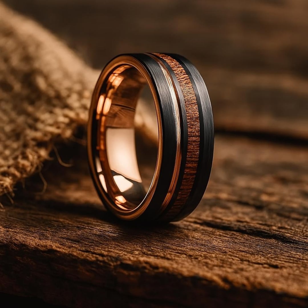 Engagement Ring. Whiskey Barrel Ring, Wood Inlay Ring, Mens Wedding ...