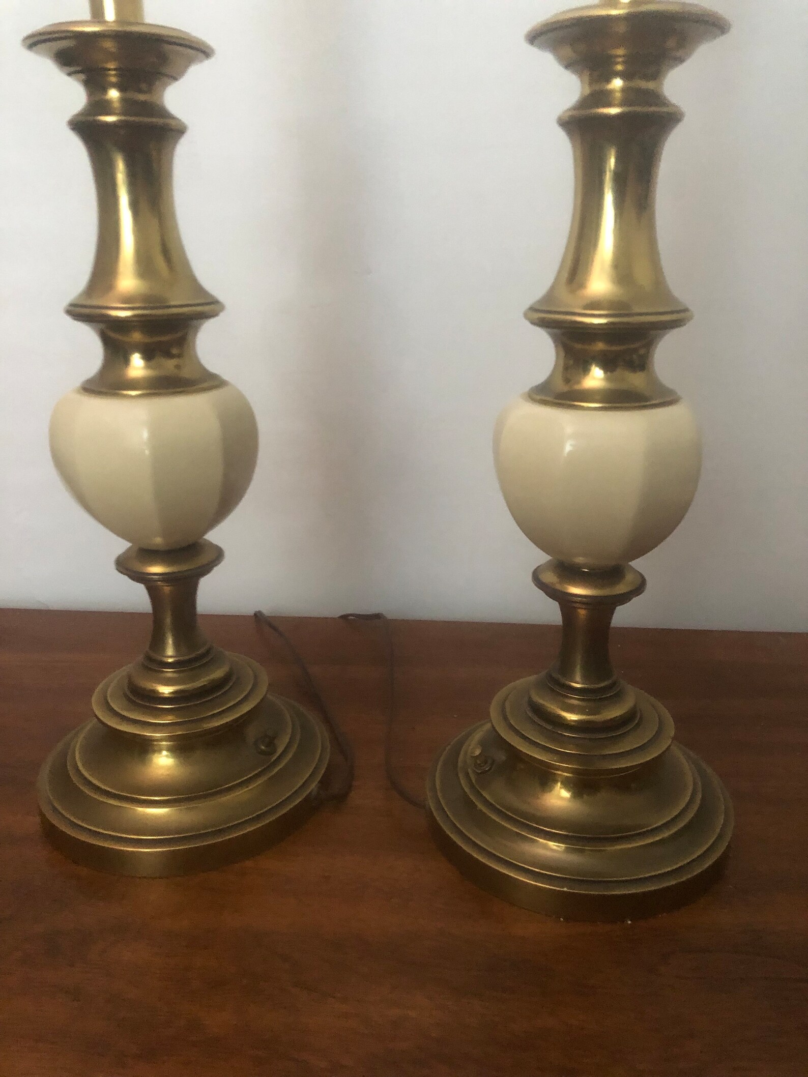 Stiffel Brass & Almond Enamel Table Lamp Model 6082 (3 Available) Mid ...