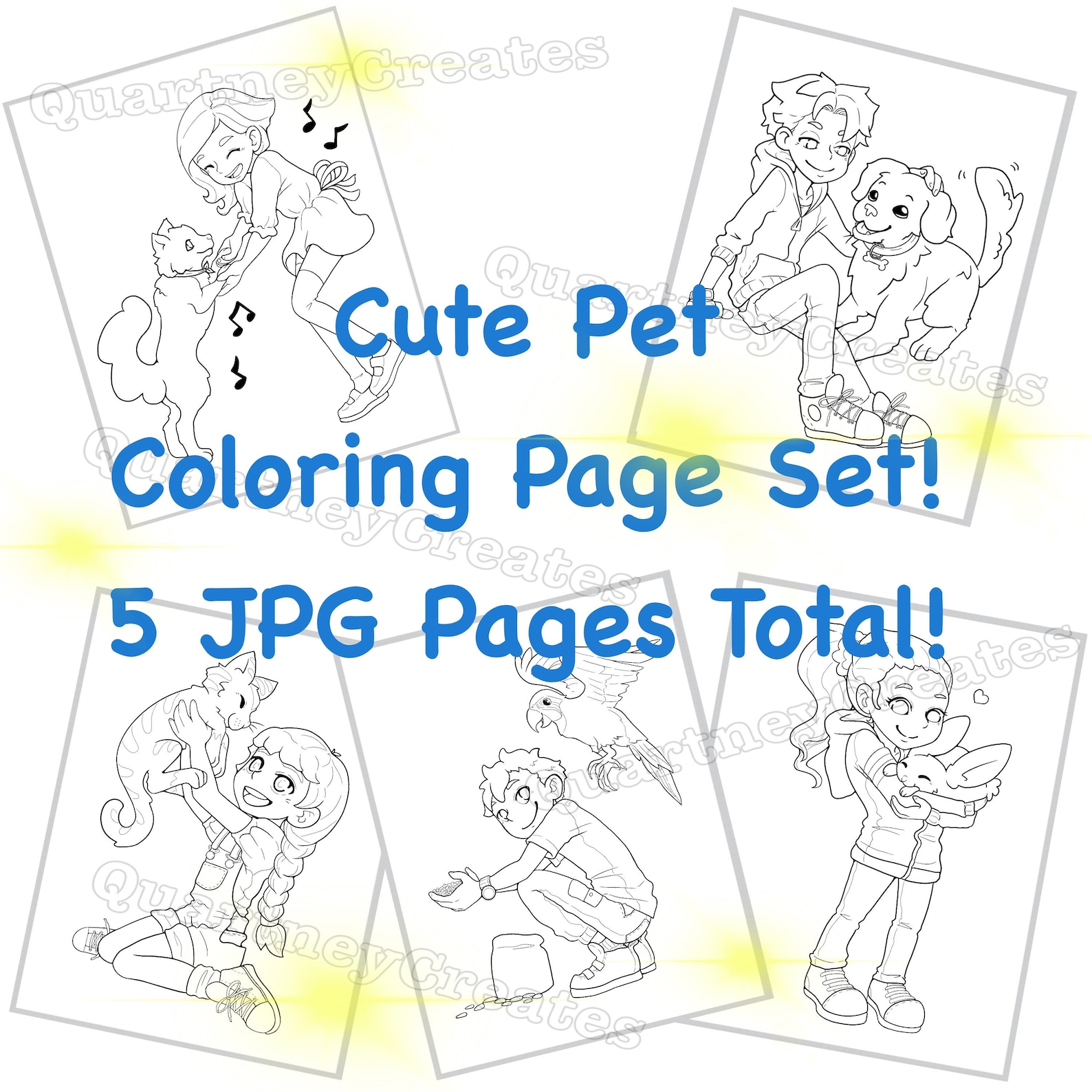 Cute Pet Coloring Page Set, Kids and Pets, 5 JPEG Pages, Creative ...