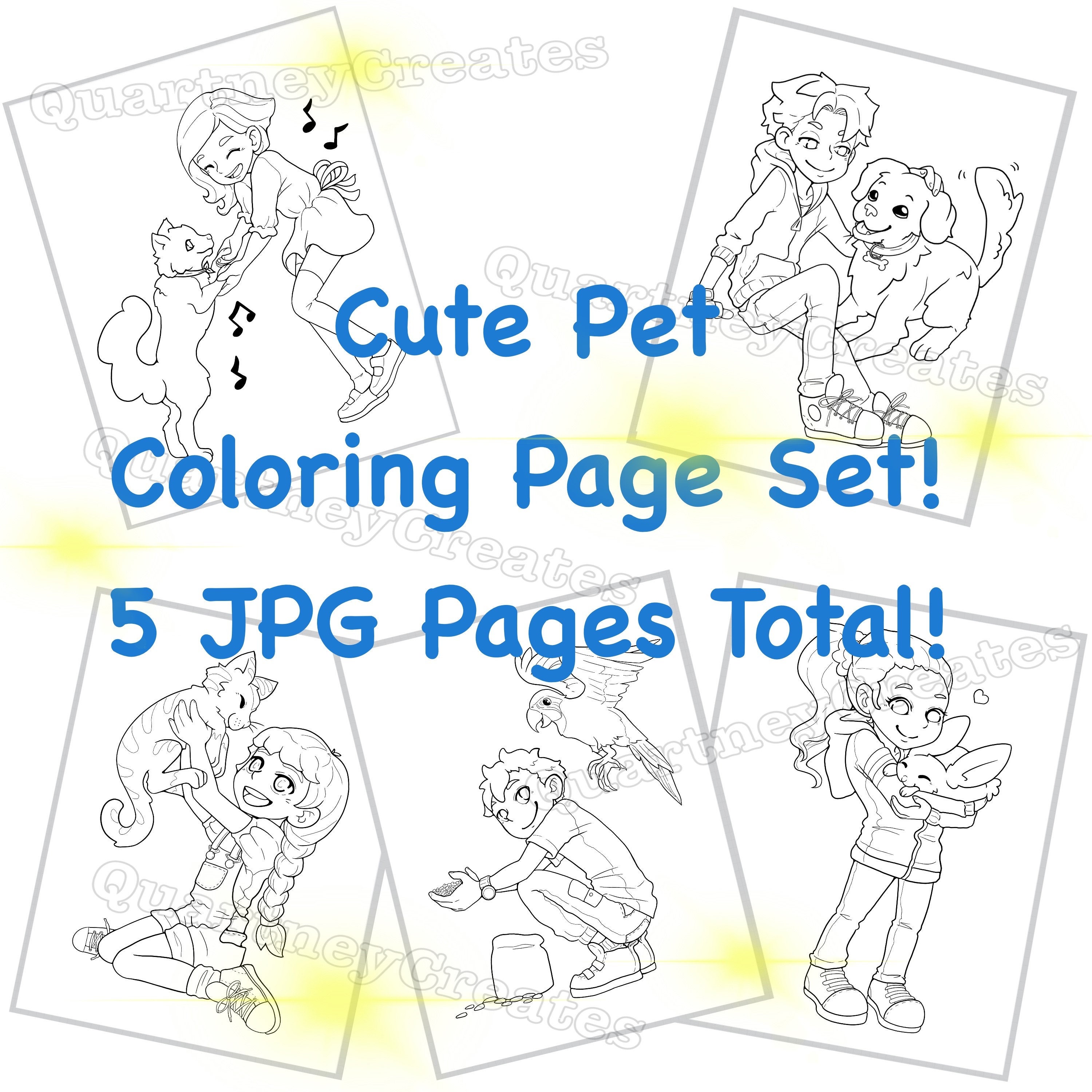 Cute Pet Coloring Page Set, Kids and Pets, 5 JPEG Pages, Creative ...