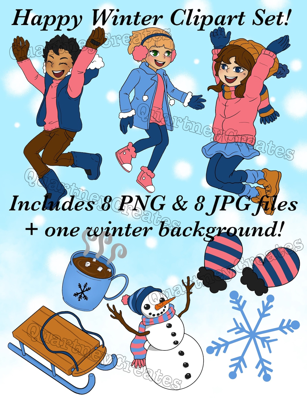 Happy Winter Clipart Set, Snow Fun With Friends, Hot Cocoa, Snowman ...