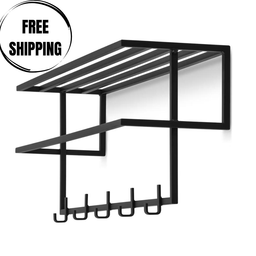 Metal Wall Mount Coat Rack and Shelf , Black Modern Coat Rack Hooks and ...