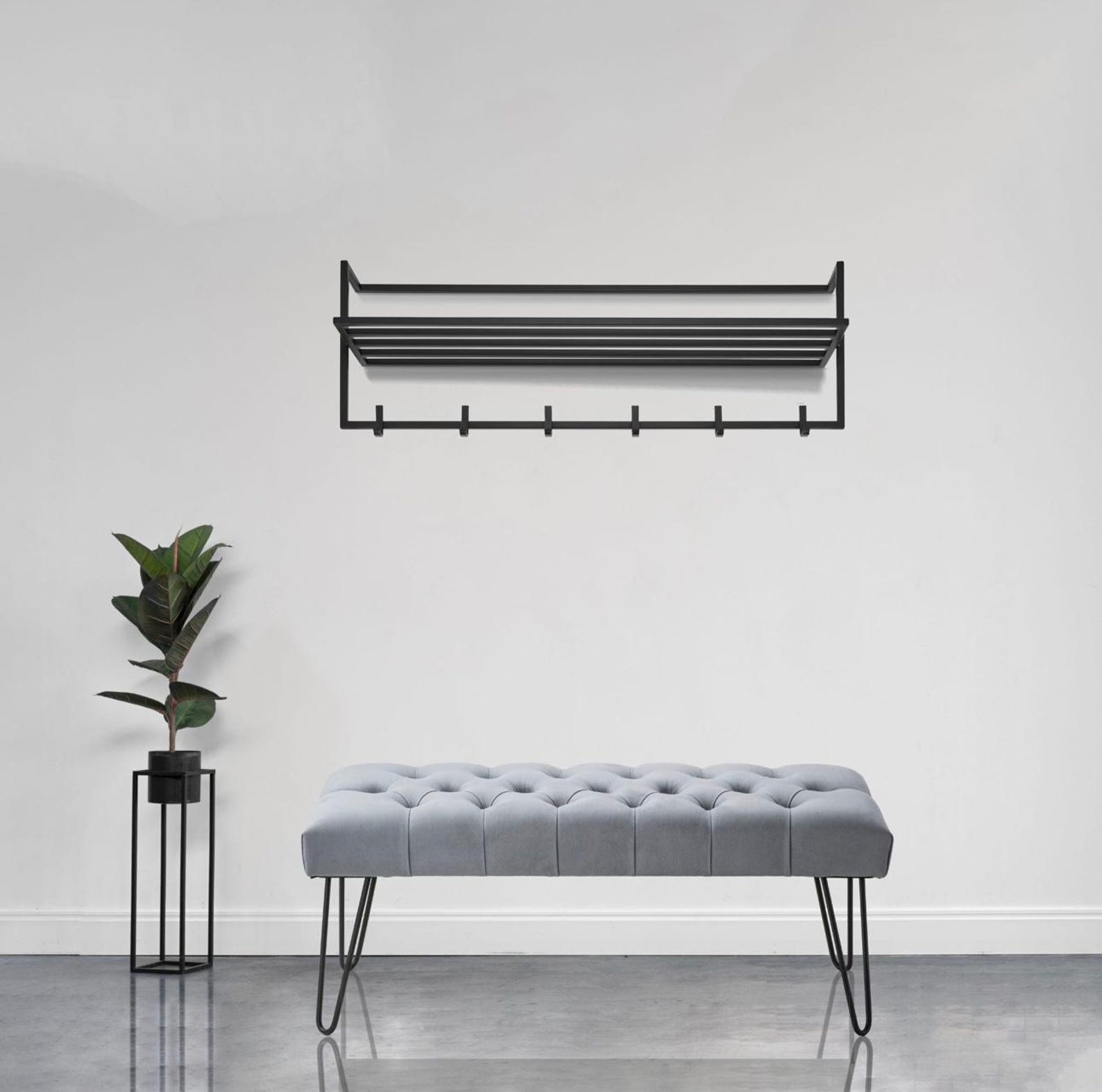 Modern Black Metal Wall Mount Coat Rack With Hooks and Shelf Metal Wall ...