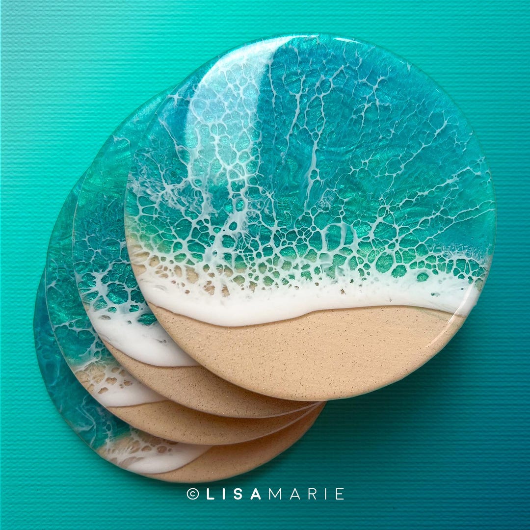 Turquoise Beach Coasters set of 4, Beach Coasters, Resin Beach Coasters ...