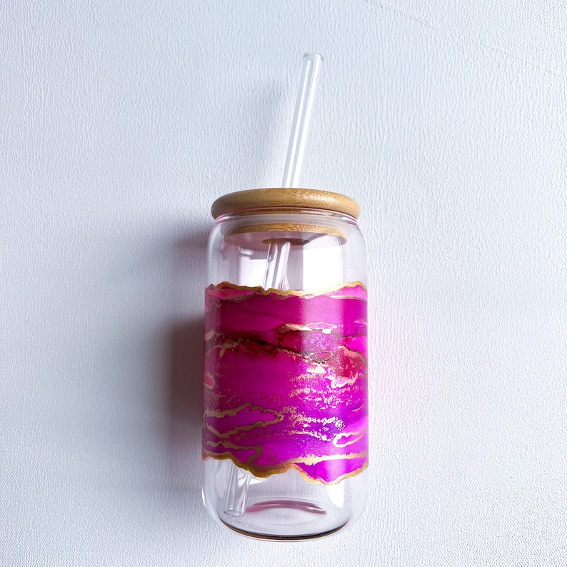 Vibrant Fuchsia Glass Iced Coffee Cup Alcohol Ink - Etsy