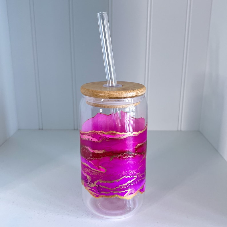 Vibrant Fuchsia Glass Iced Coffee Cup Alcohol Ink - Etsy