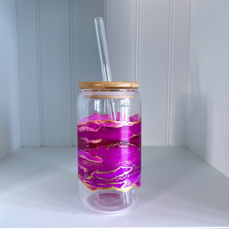 Vibrant Fuchsia Glass Iced Coffee Cup Alcohol Ink - Etsy