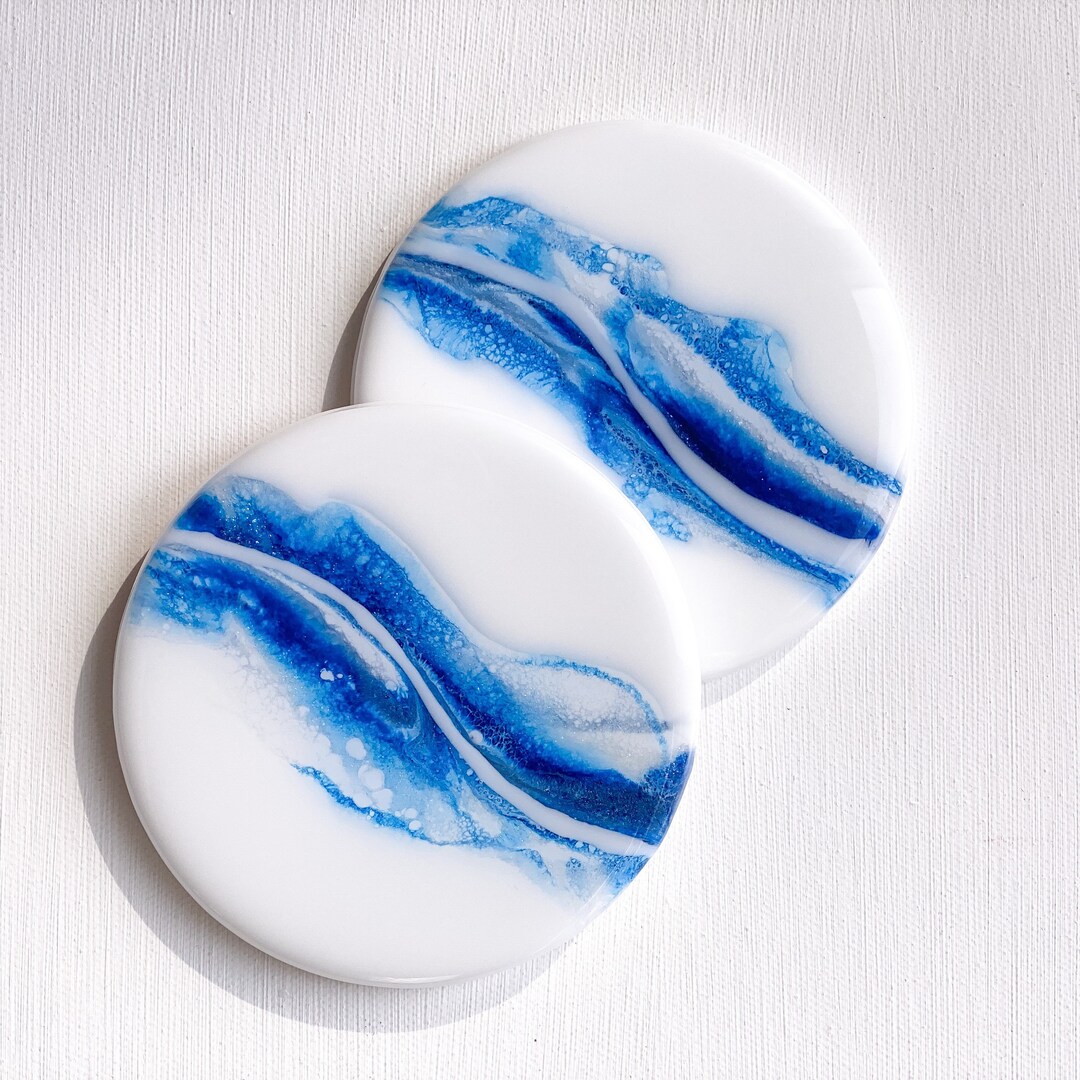 Blue & White Abstract Art Coasters - Set of 2, Luxury Coasters, Resin ...