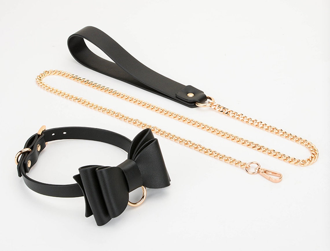 Leather Bow Collar Choker With Leash Lead Set Bdsm Fetish Etsy