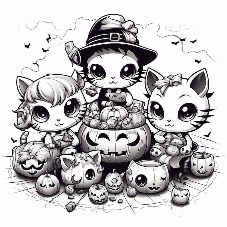 Halloween Cutesy Cats Digital Coloring Page Set | Digital Download - Etsy