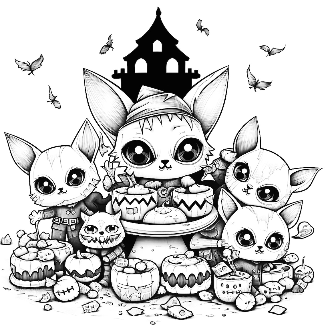 Halloween Cutesy Cats Digital Coloring Page Set | Digital Download - Etsy