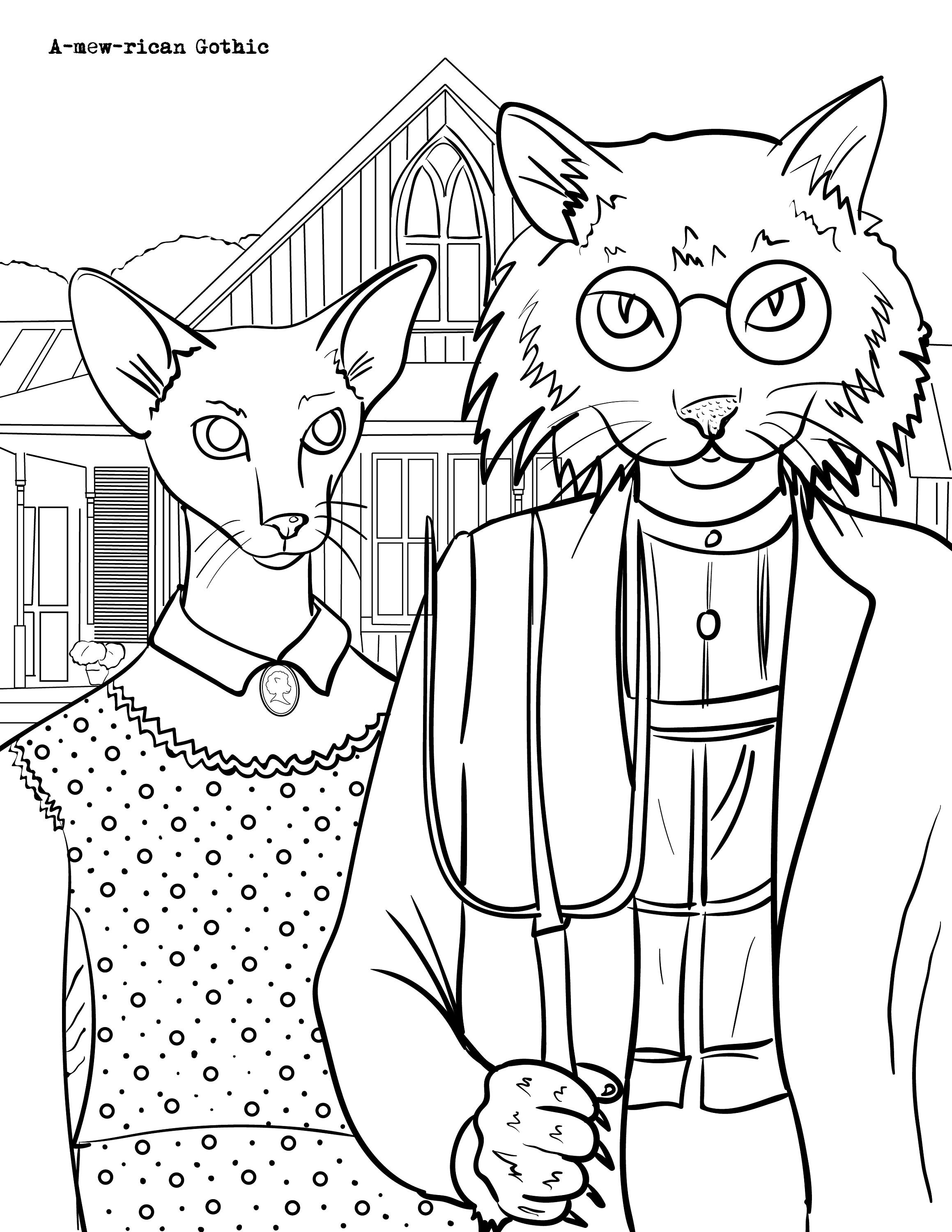 A-mew-rican Gothic Classic Cats Coloring Page Digital Download Adult ...