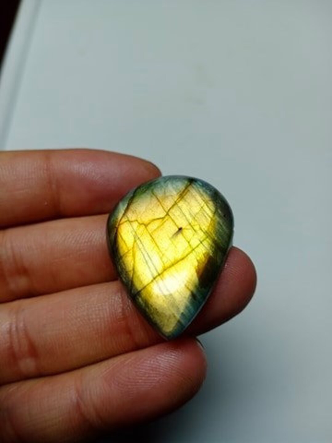 Flashy Yellow Labradorite Palm Stone: Pear Cabochon (37x27x6mm, 51.60 ...