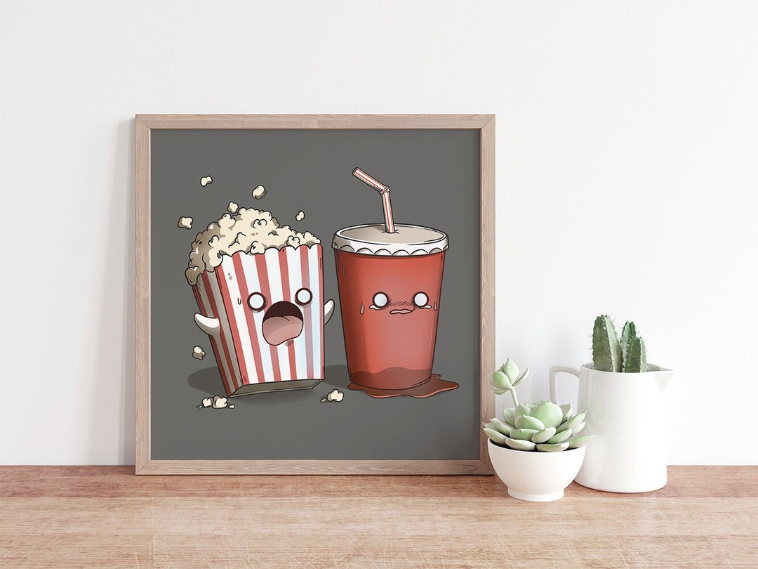 Scared Popcorn and Soda Digital Art Print, Cartoon Movie Snacks Poster ...