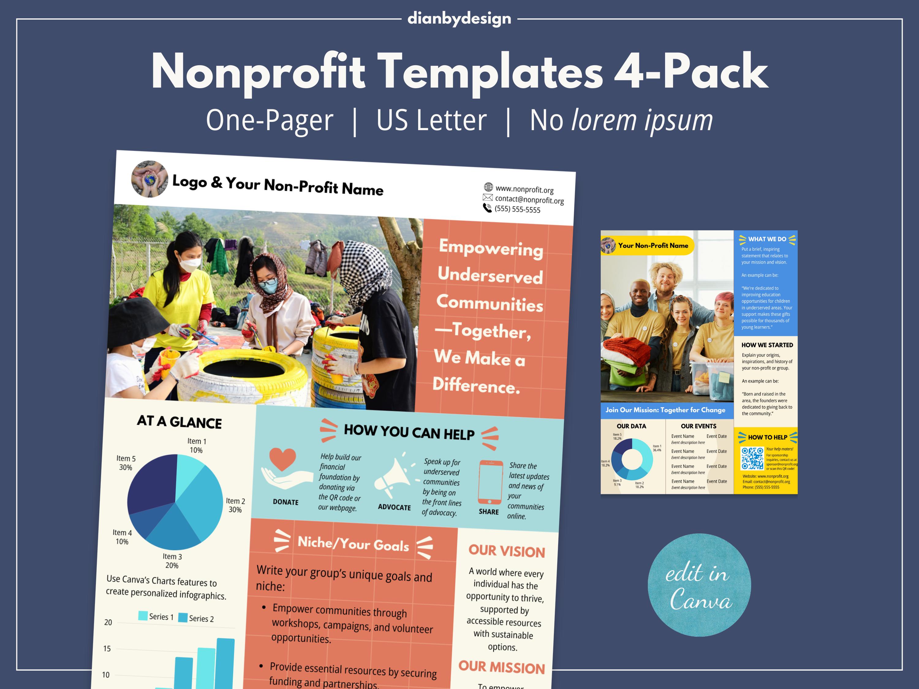 Nonprofit One Pager Template Bundle | Customizable Canva Charity ...