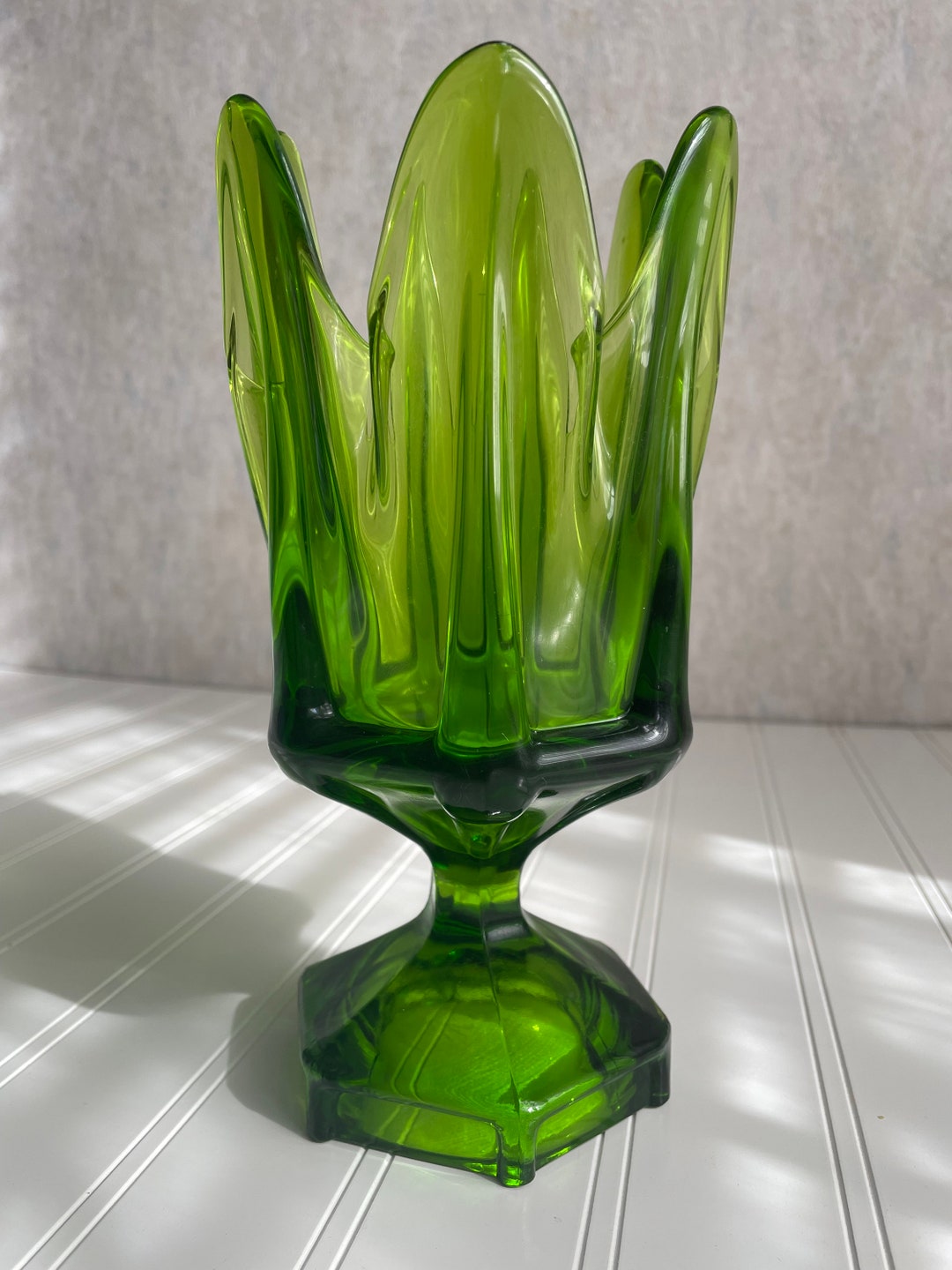 Vintage Six Finger Mid Century Footed Fenton Swung Emerald Green Glass ...