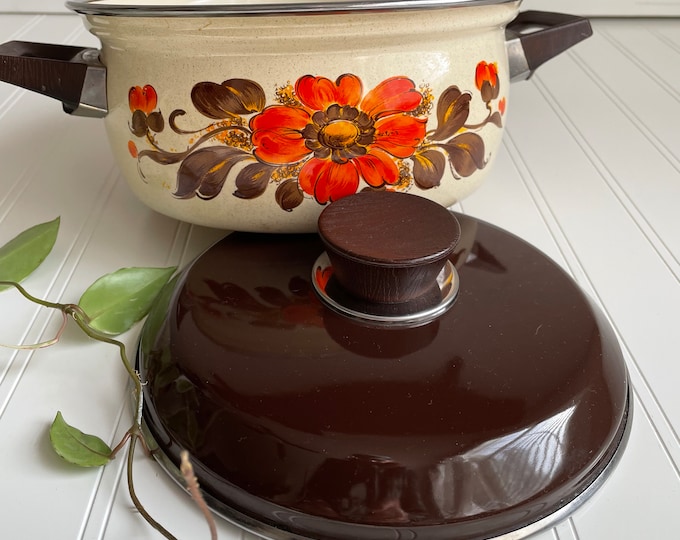 Vintage Moneta Dutch Oven #20 Enamel Cookware Pot Orange Floral With ...