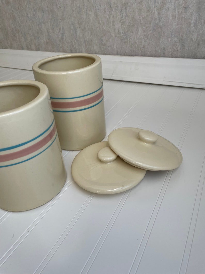 Vintage Mccoy Canisters With Lids, Pink & Blue Stripe - Etsy