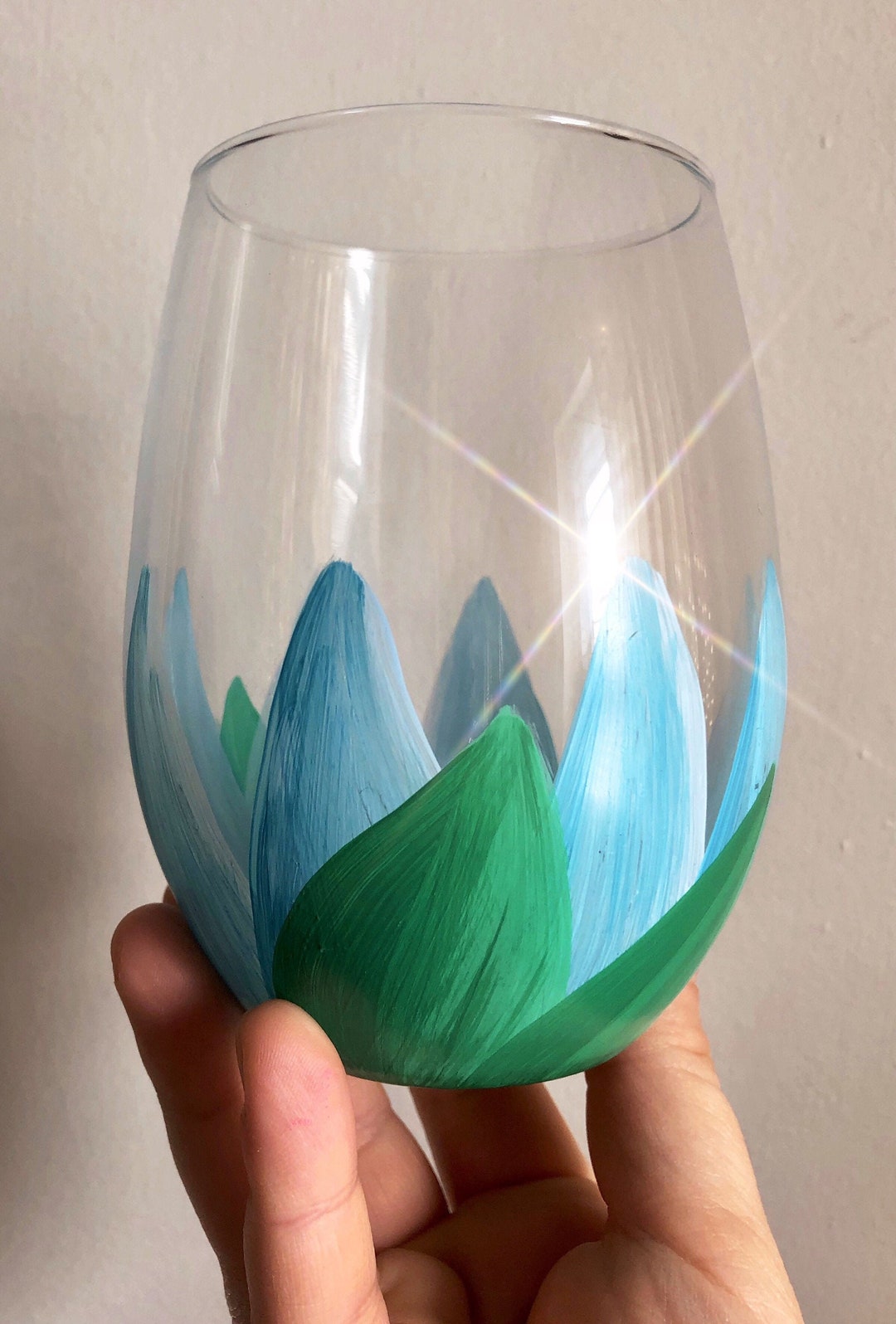 Hand Painted Blue Blossom Stemless Wine Glass | Hand Painted Wine Glass ...
