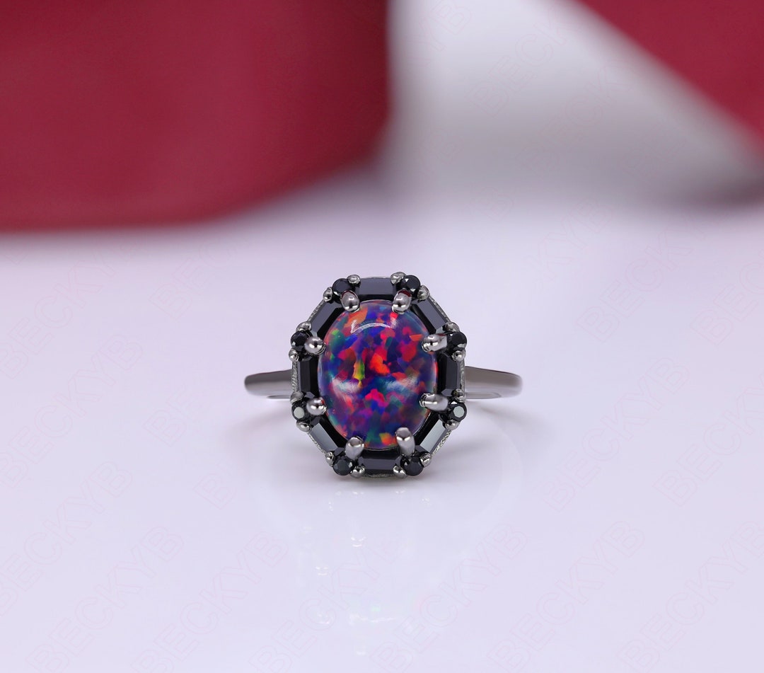 Exploding Star Oval Fire Black Opal Halo Ring 925 Silver Black Rhodium ...