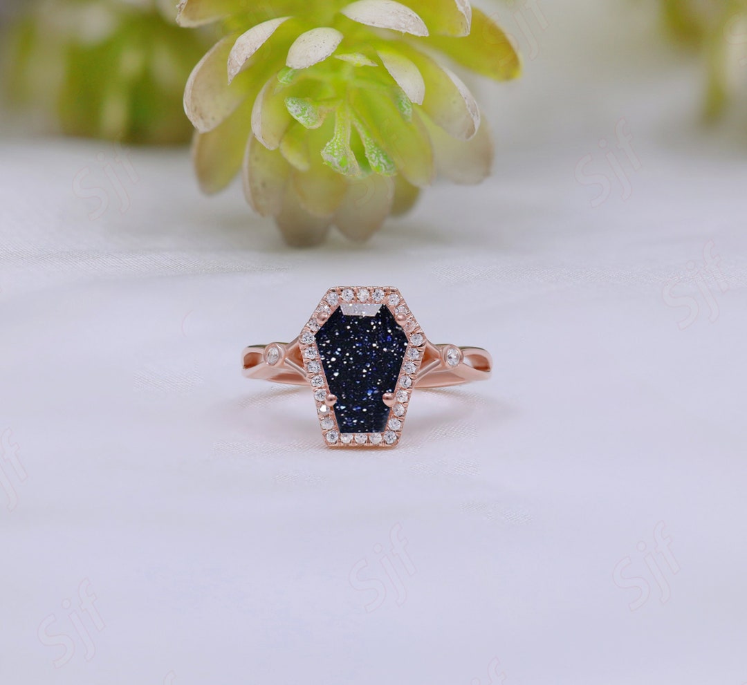 Coffin Cut Sandstone Wedding Anniversary Ring Unique Art Deco 14k Gold ...