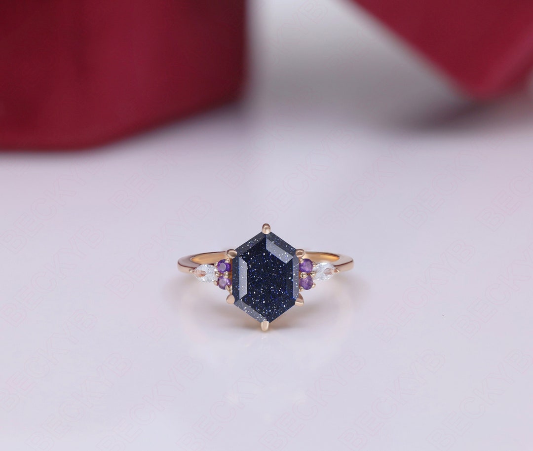 Natural Blue Sandstone 14K Solid Gold Engagement Ring 925 Silver ...