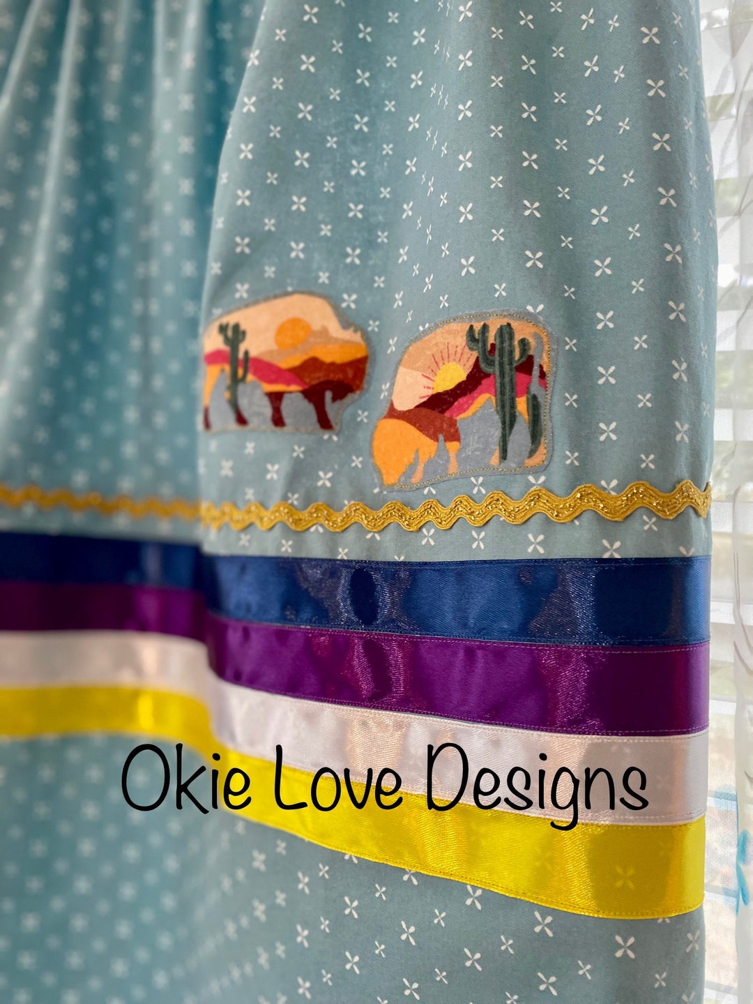 Ribbon Skirt- Blue With White Design & Buffalo - Etsy