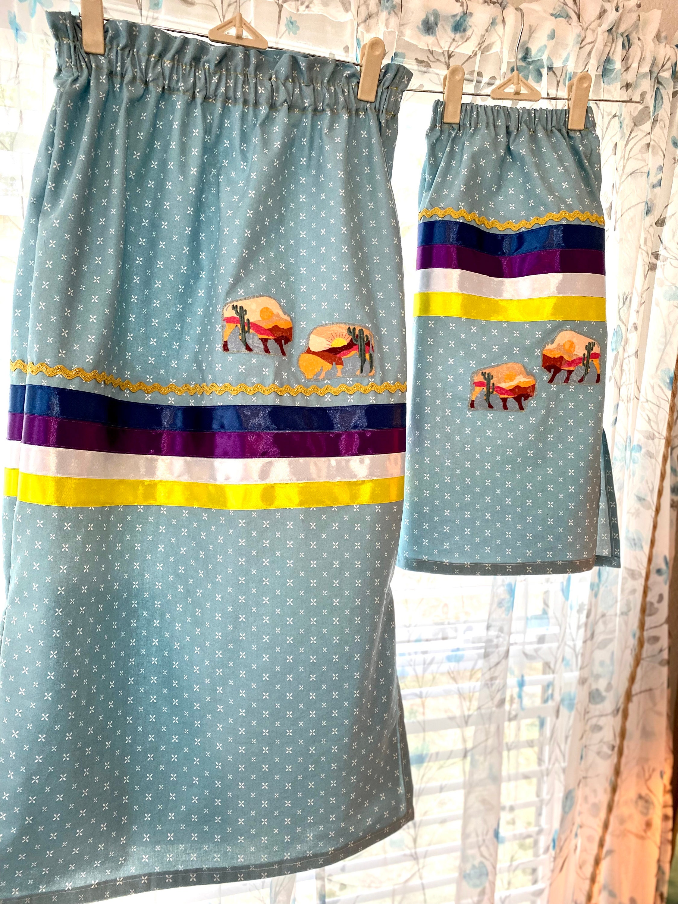 Ribbon Skirt- Blue With White Design & Buffalo - Etsy