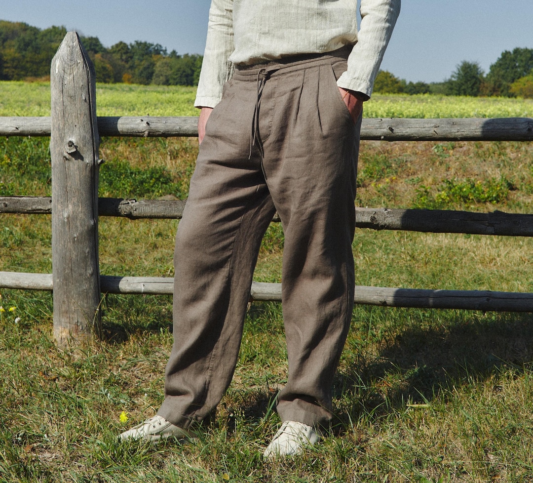 Men's Linen Straight Leg Pants CHIA - Pleated - Relaxed Fit - 100% ...