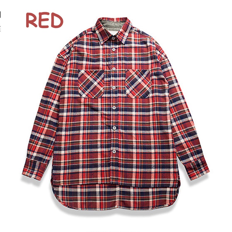 Mens Flannel Cotton Red Plaid Shirt Shaped Arc Hem Long Sleeve Autumn ...
