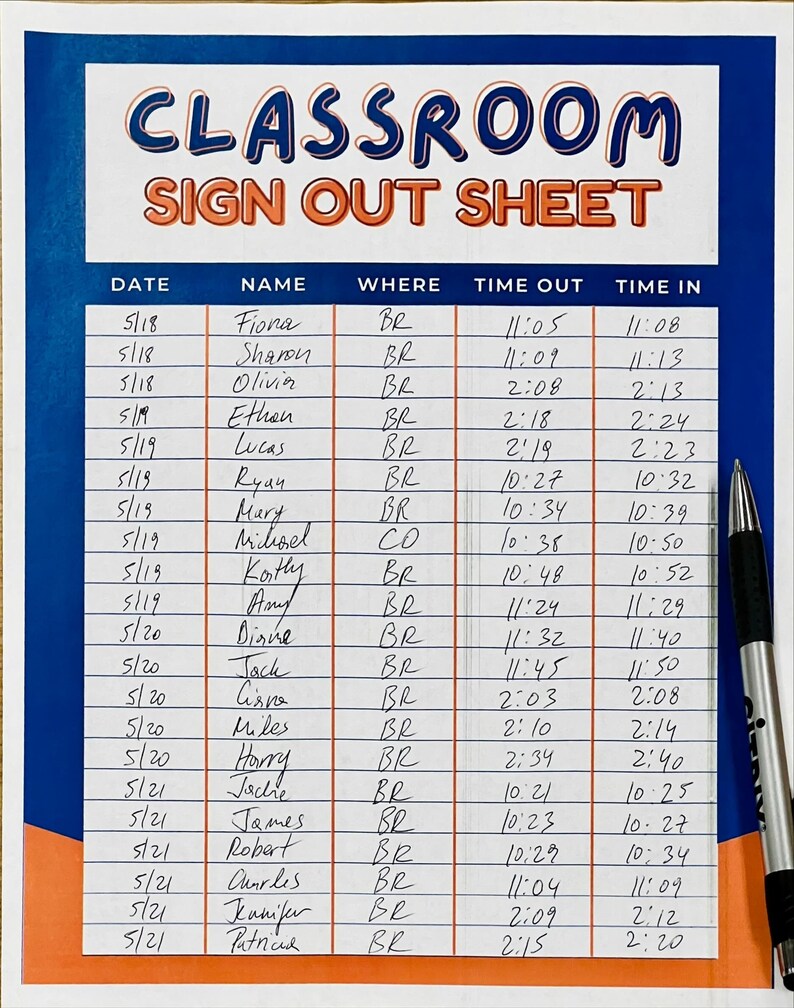 Classroom Sign Out Sheet Printable Classroom Management | Etsy