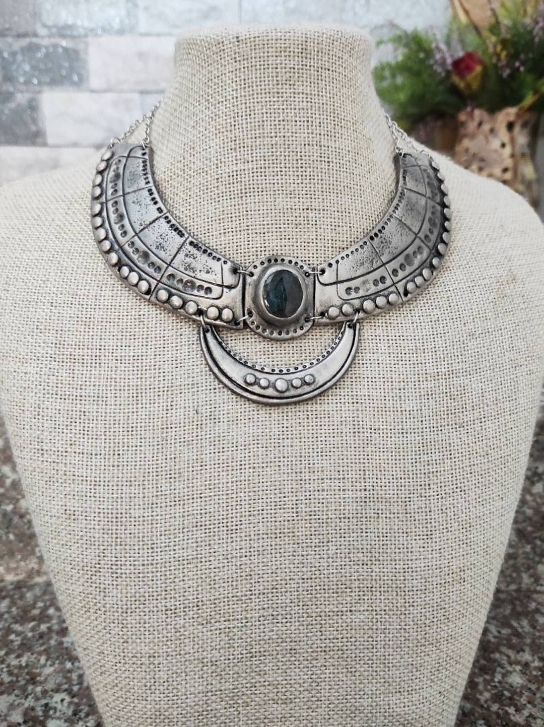 Silver Statement Necklace, Large Gemstone Necklace, Bib Statement ...