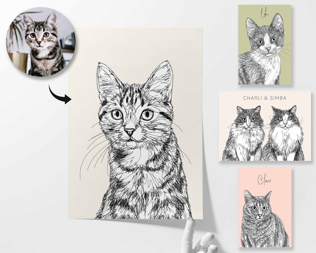 Custom Cat Portrait | Line Art Pet Commission Print | Minimalistic ...