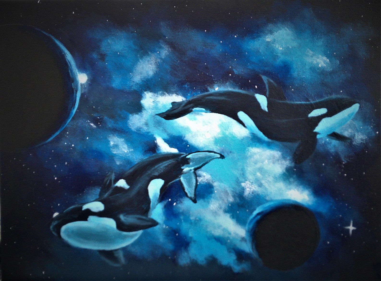Orcas Art Print, Space Orca Whale Gift, Galaxy Wall Decor, Whale Art ...