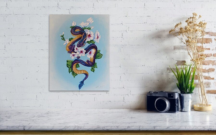 Dragon With Flowers Art Print From Painting, Purple Oriental Serpent ...