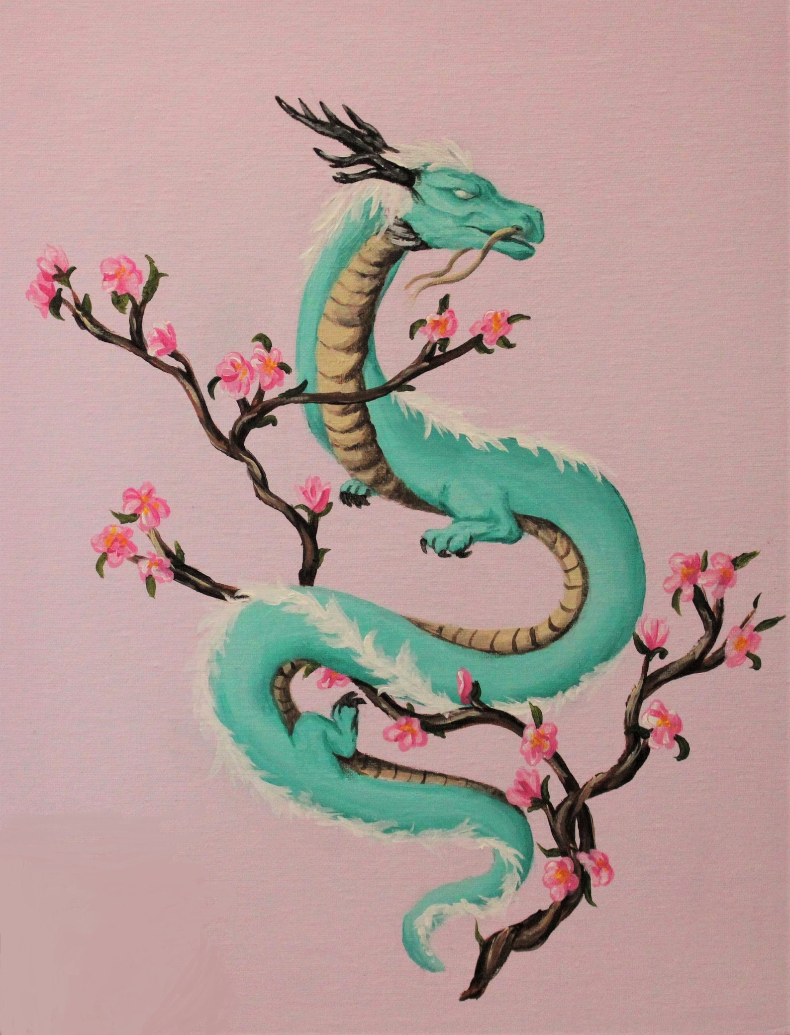 Dragon With Flowers Art Print From Painting, Green Oriental Serpent - Etsy