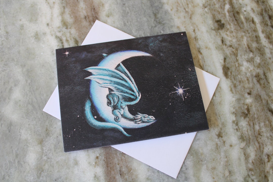 Moon Dragon Stationery Card, Sleepy Dragon Note Cards, Crescent Lunar ...