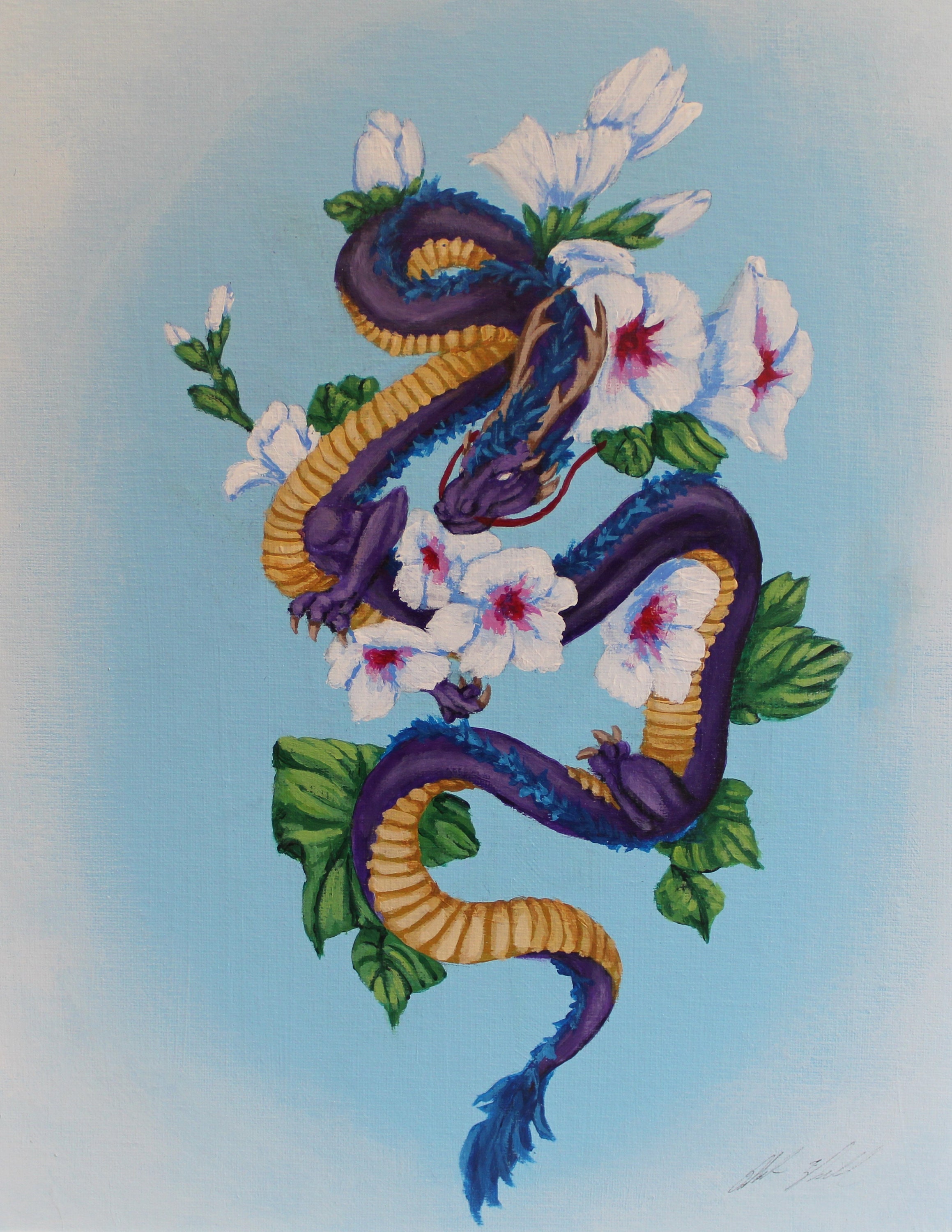 Dragon With Flowers Art Print From Painting, Purple Oriental Serpent ...
