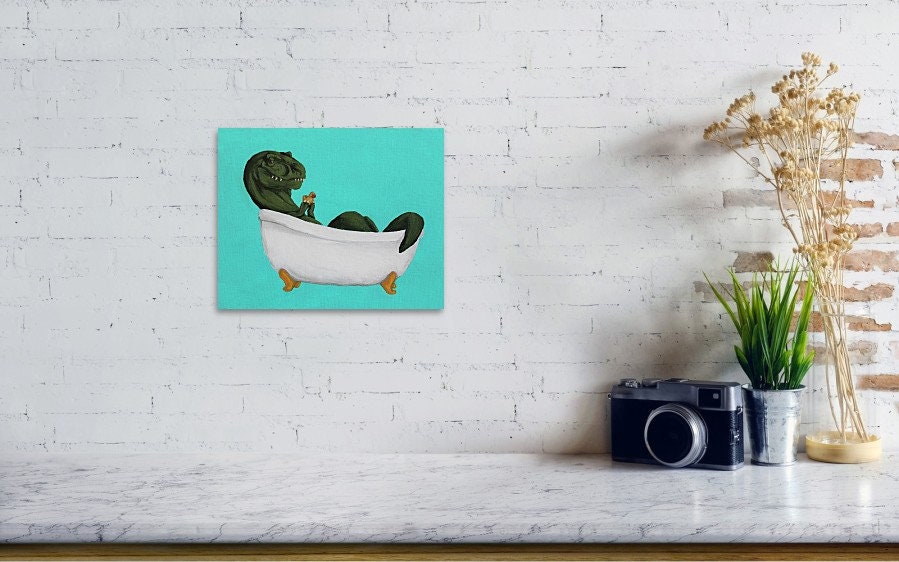 Dinosaur Art Print T-rex in Bath Silly Tyrannosaurus Bathroom Gift ...